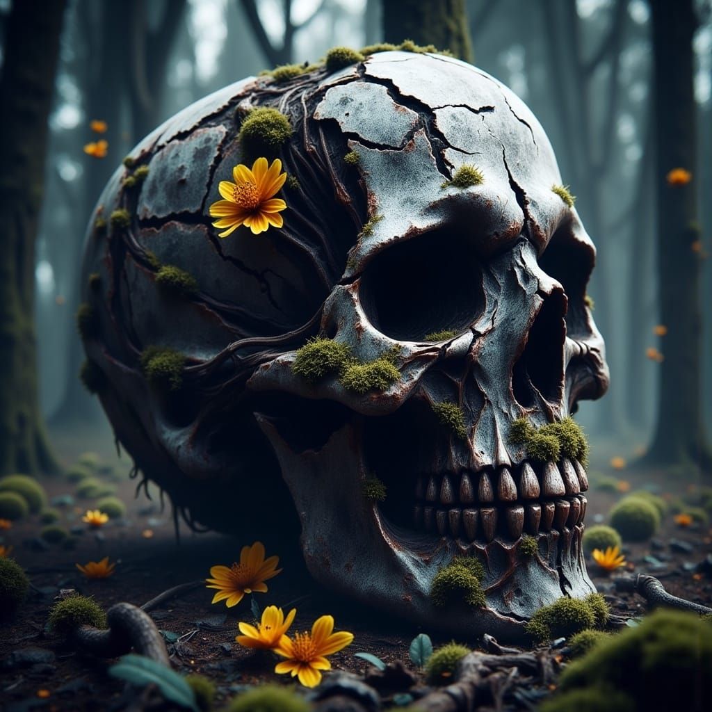Moss-Covered Skull Tombstone in Forgotten Twilight - AI Art