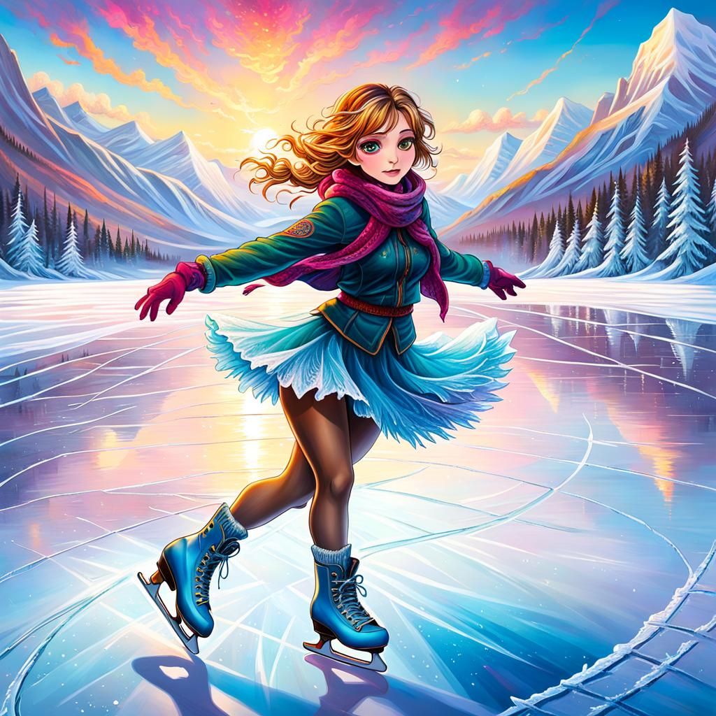 Winter Sports: A Girl Ice-Skating on a Frozen Lake (Blue Pencil XL ...