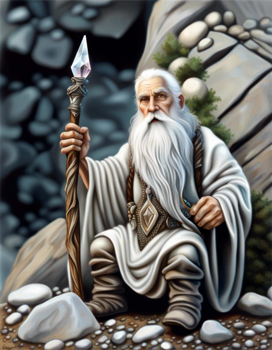hermit, long white beard, holding staff with crystal on top the staff ...