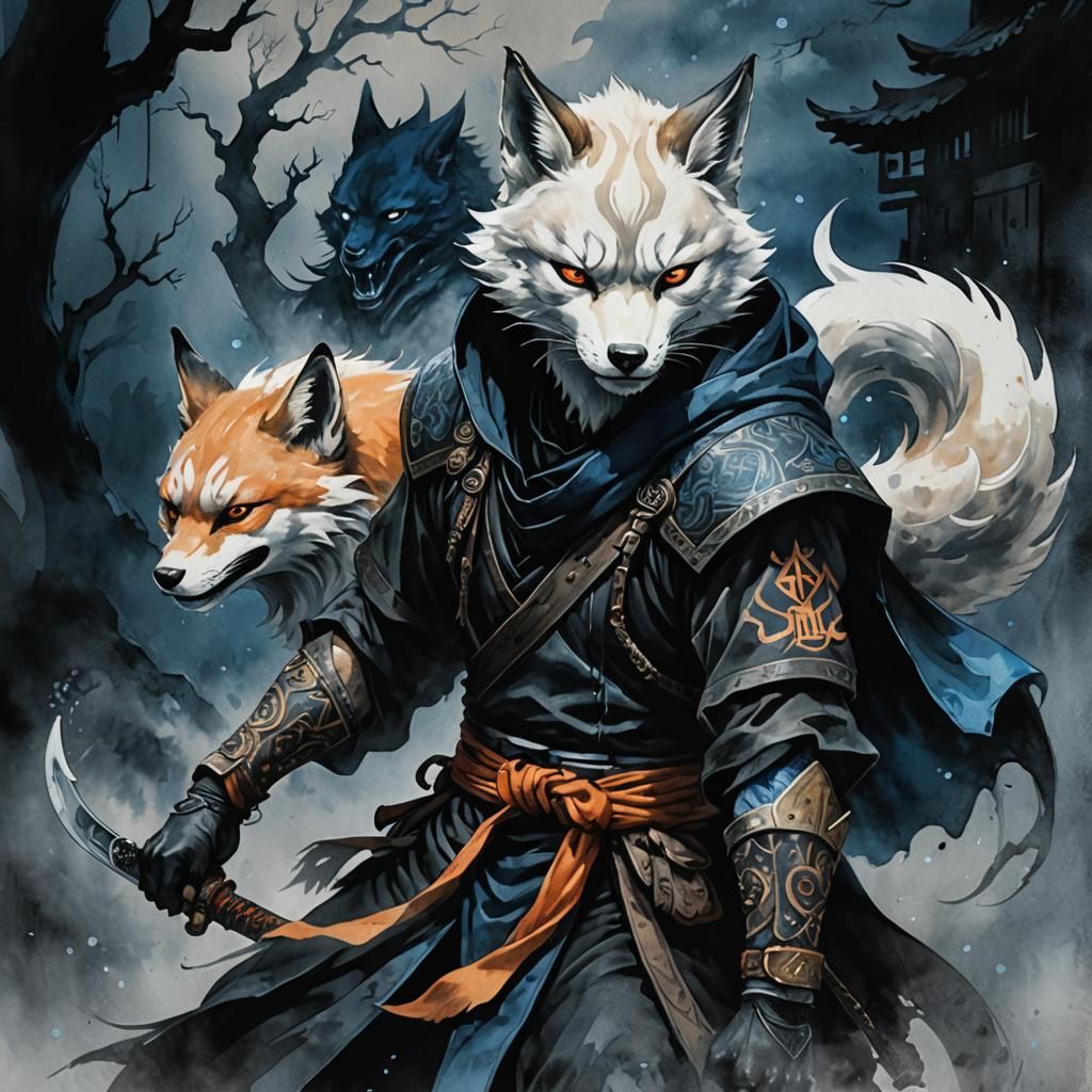 Ink Wash - Assassin Kitsune - AI Generated Artwork - NightCafe Creator