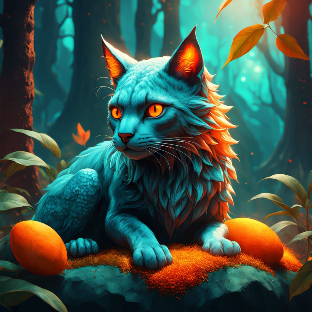 Cat made out of mangoes - Fantasy Jungle Cat Made of Mangoes...