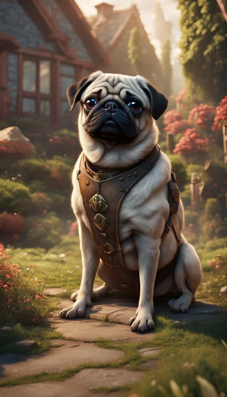 cute pug sitting in the yard - AI Generated Artwork - NightCafe Creator