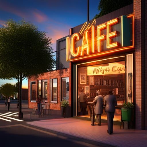 The sign says “NIGHT CAFE” .An inviting cafe for artists, the lights ...