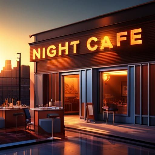The sign says “NIGHT CAFE” .An inviting cafe for artists, the lights ...