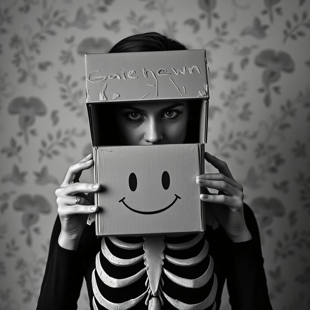 A realistic photograph of a dark, dramatic female figure removing her ...