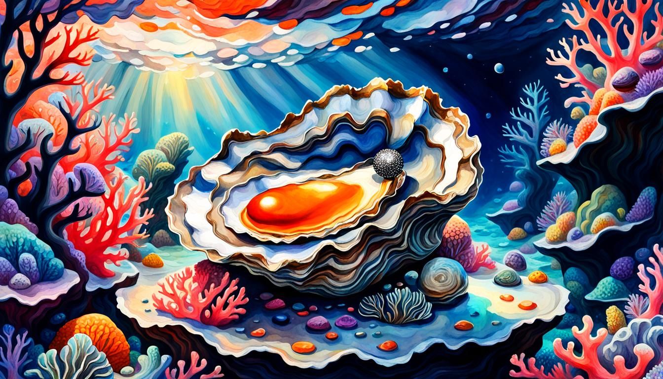 a 3d mystical whimsical view of a 3d beautiful open oyster with a ...