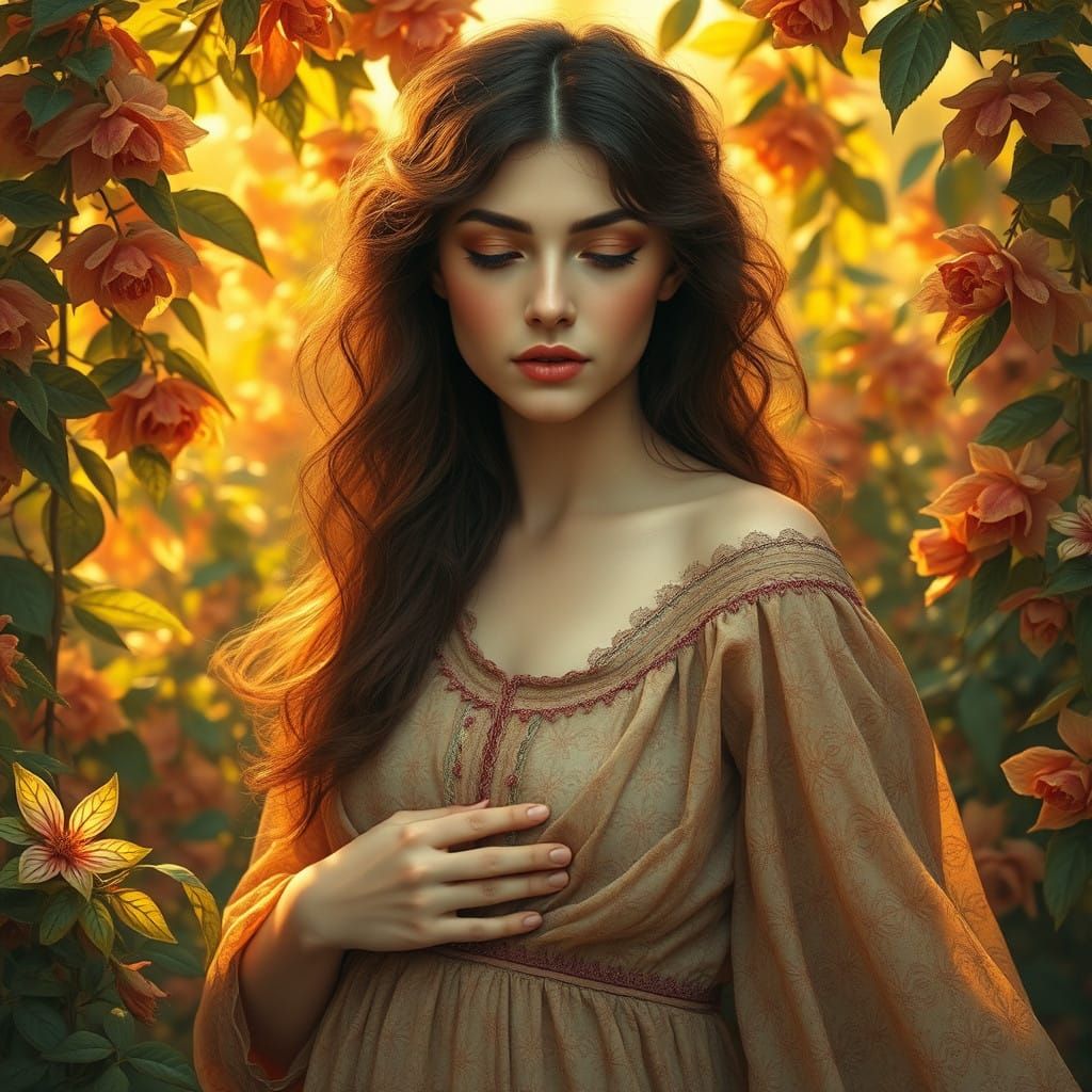 Dreamy Pre-Raphaelite Beauty in Vibrant Floral Sur... - AI Art