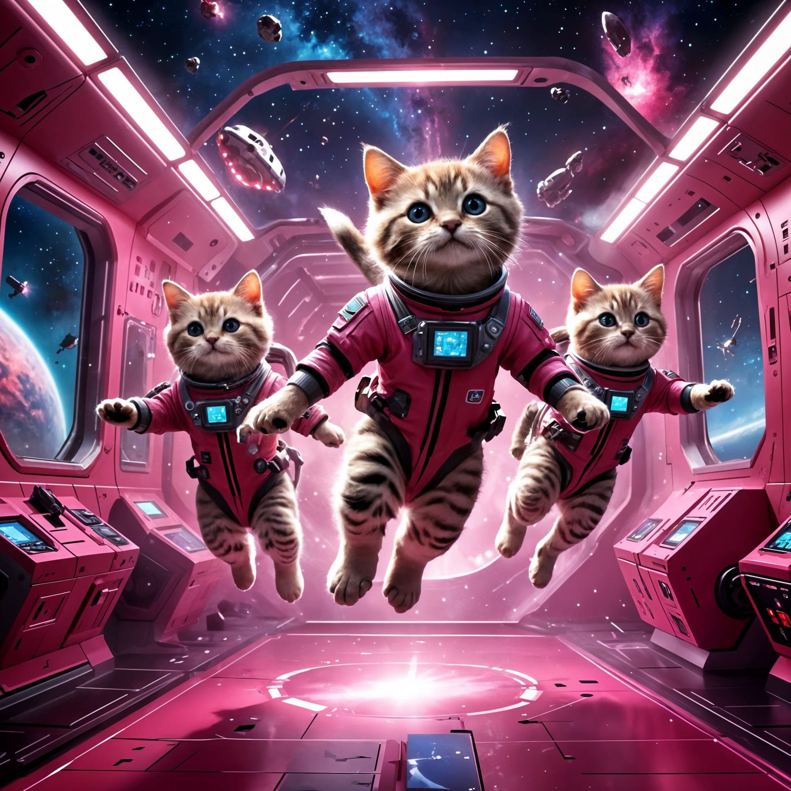 Playful concept art of kittens training at a “Galactic Space Academy ...