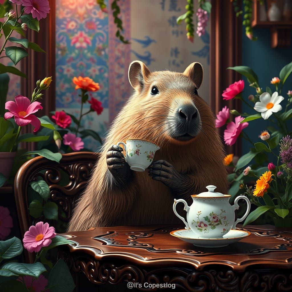 Capibara of tea - Capybara in Whimsical Tea Setting