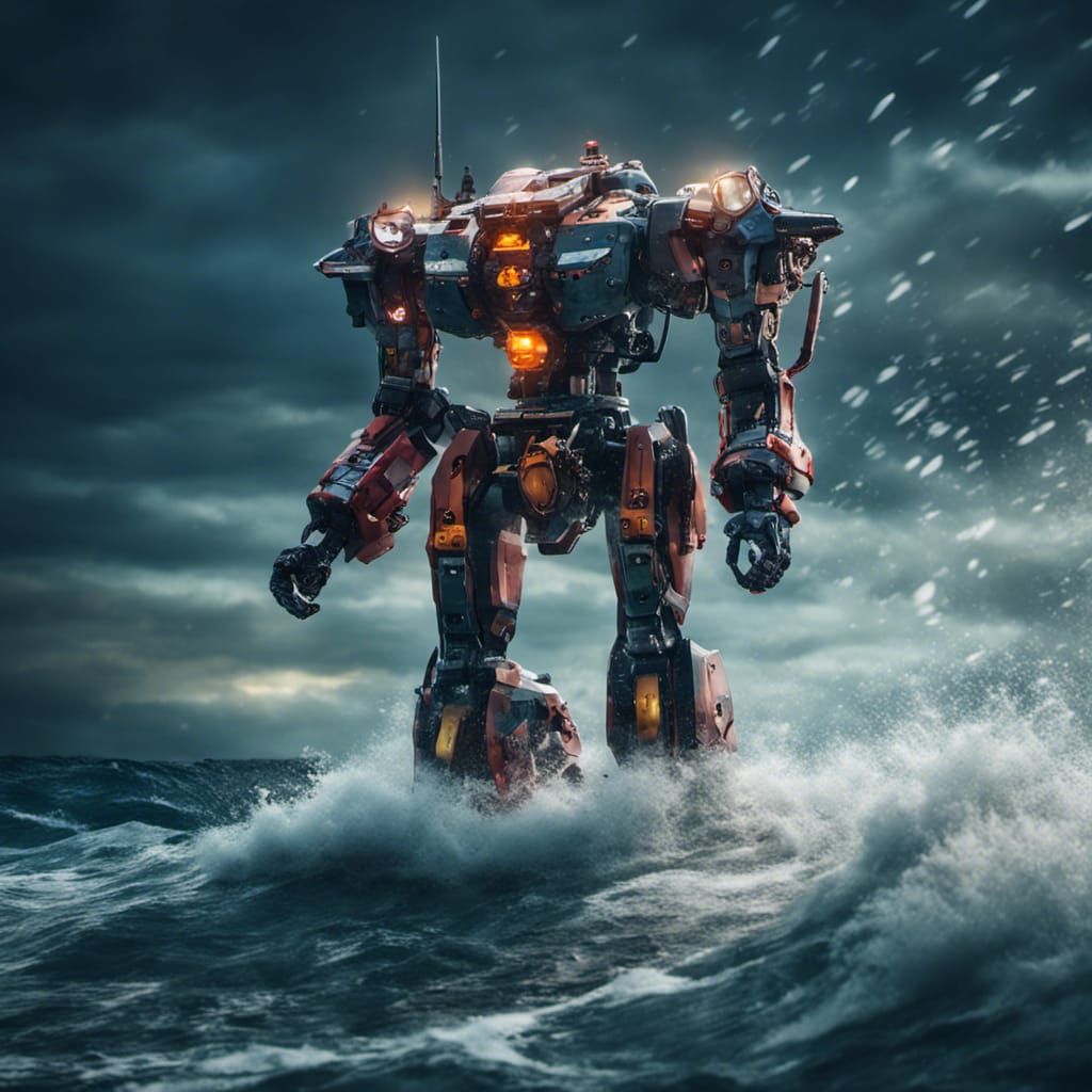 jaegermech Mecha walking through the ocean, dramatically shaded ...
