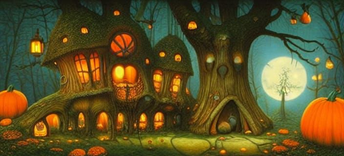 TREEHOUSE IN AN ANCIENT FOREST IN THE MYSTERIOUS MOONLIGHT WITH ...