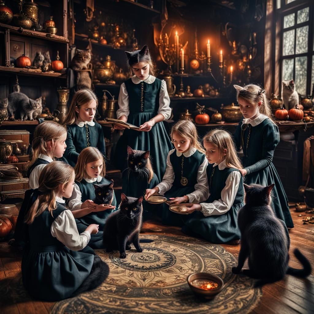 Young witches conjuring little black cats at a young witches academy, intricate details ...