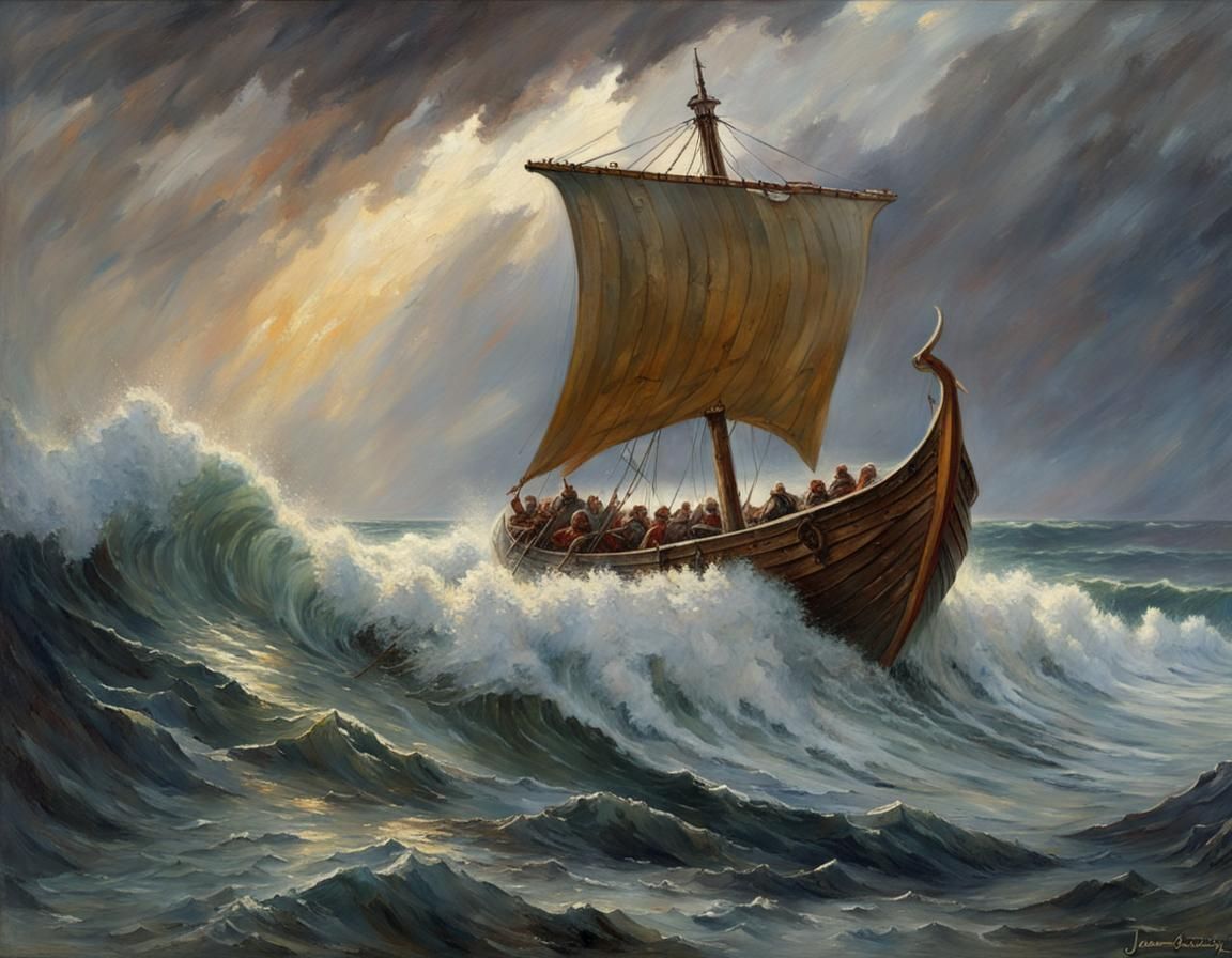 An epic painting of a Viking ship caught in a Noreaster - AI Generated ...