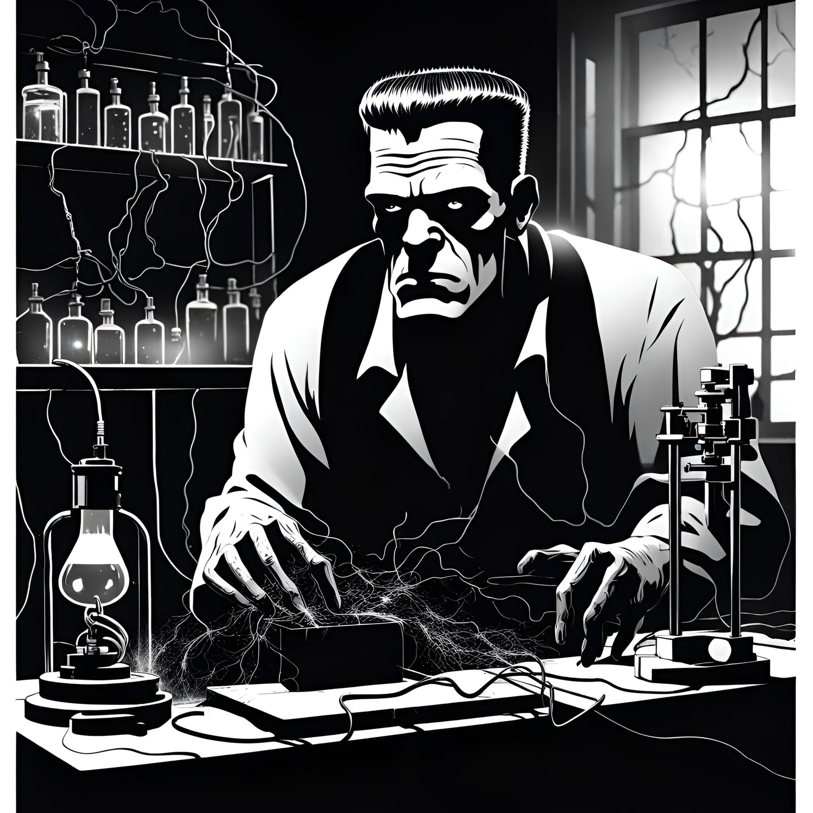 Frankenstein zombie sparking electricity poorly lit laboratory ...