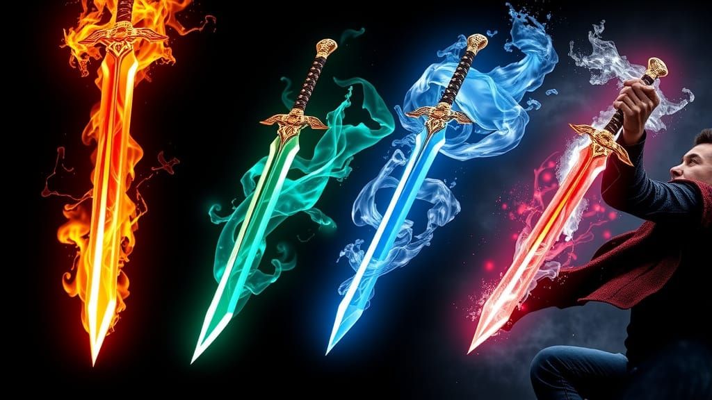 Four elemental swords with different power, velocity and effects: fire ...