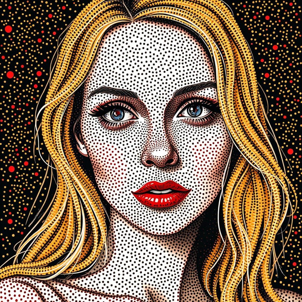 Dali Point of Beauty - Pointillist Portrait of a Golden Blon...