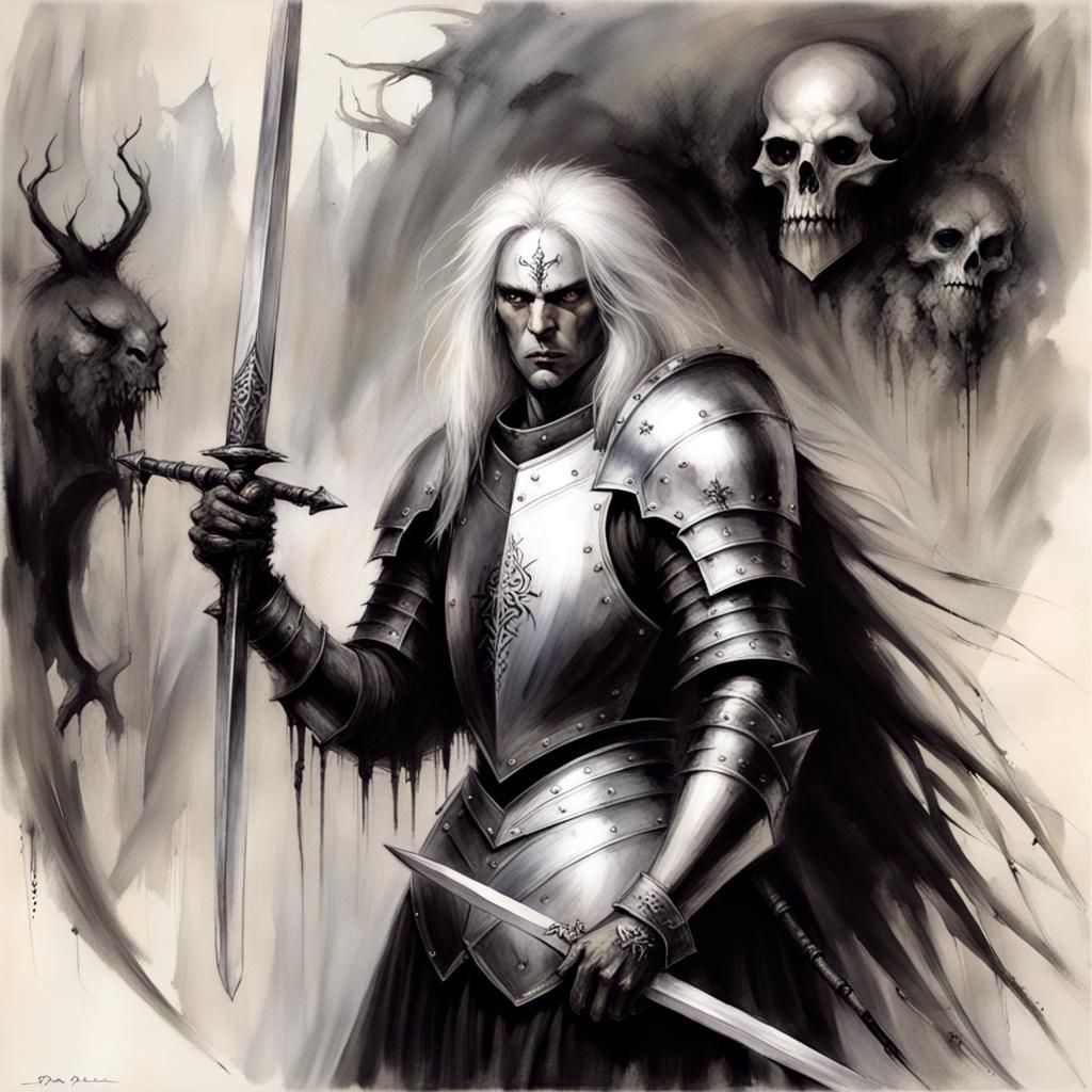 Drow Paladin of Lolth in plate armor weilding a longsword and sheild ...
