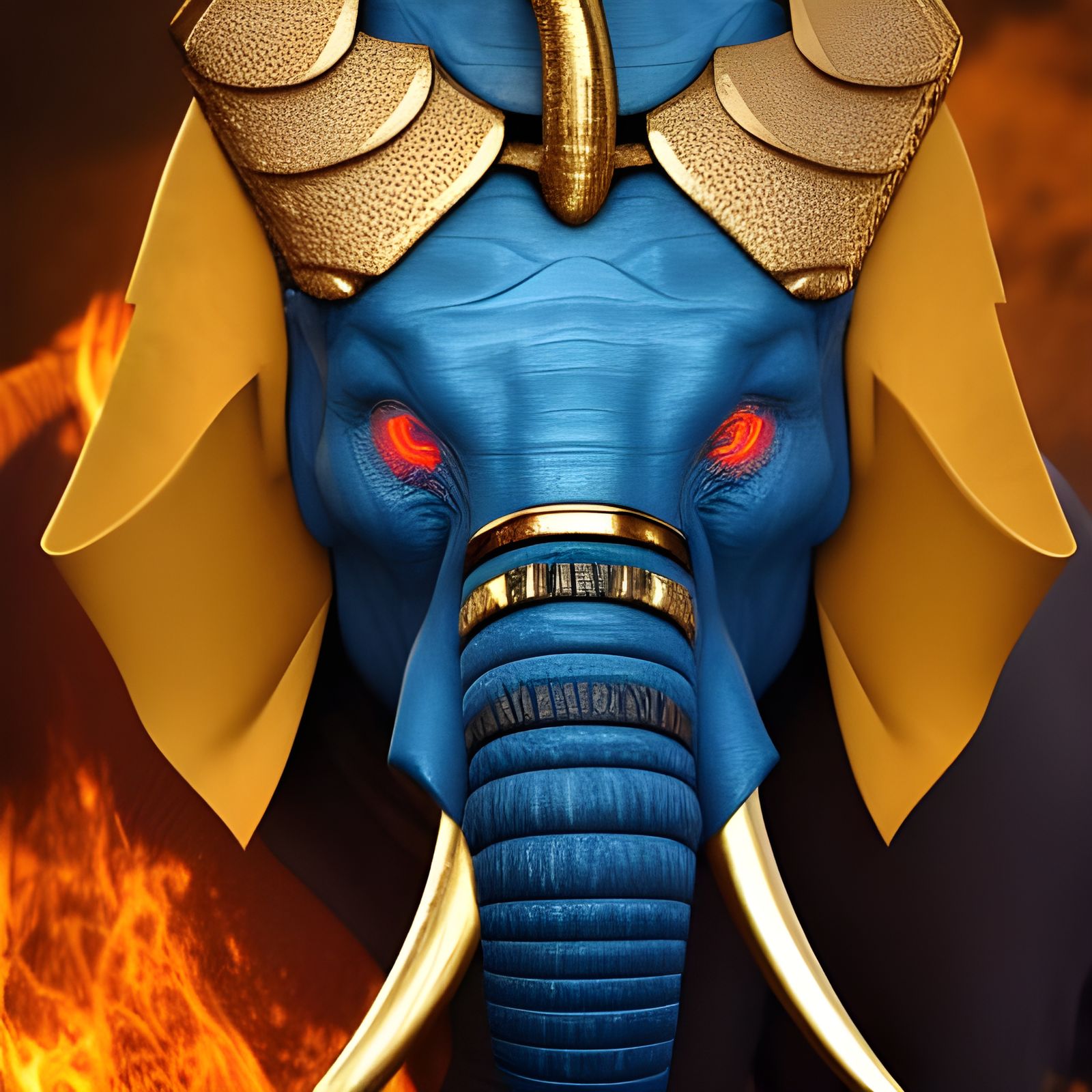 elephant Minotaur, male, gold scale, horn burning blue flame, gold ...