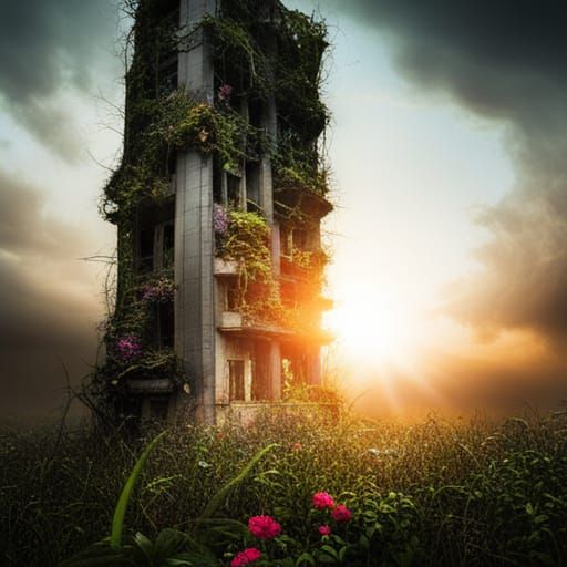 The Lone Building - Prompt: Crumbling ruins of a futuristic ...