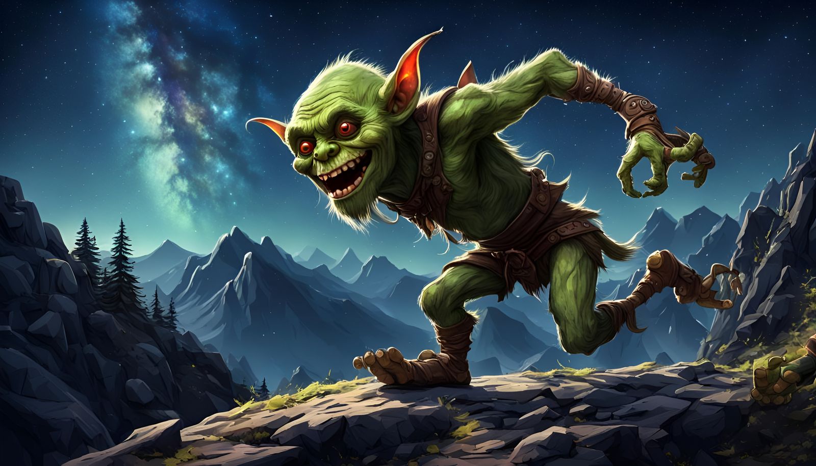 the mountain goblin comes down the mountainside and rejoices in the beautiful starry sky - AI ...