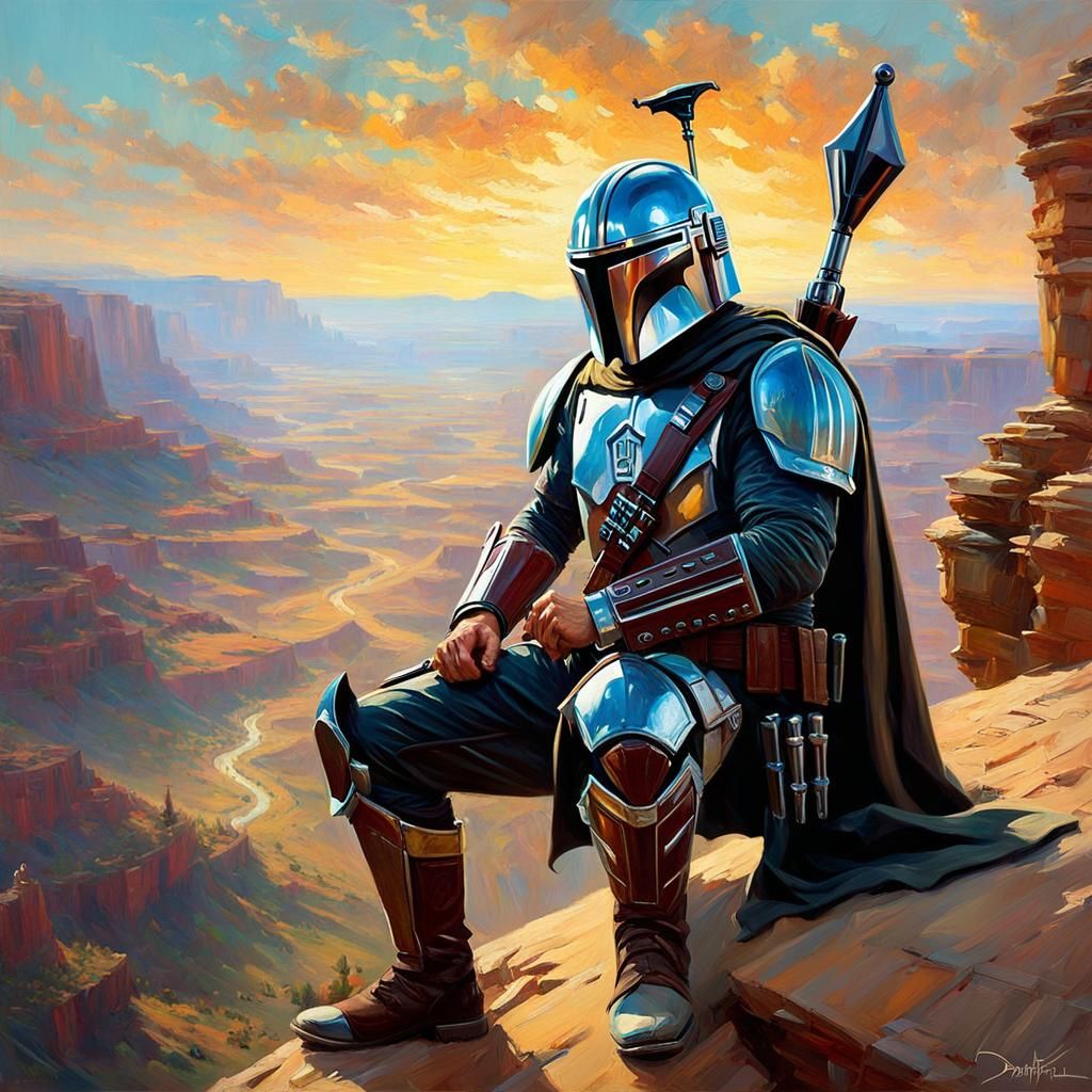 Badass Mando from The Mandolorian, epic pose on top of desert cliffs ...