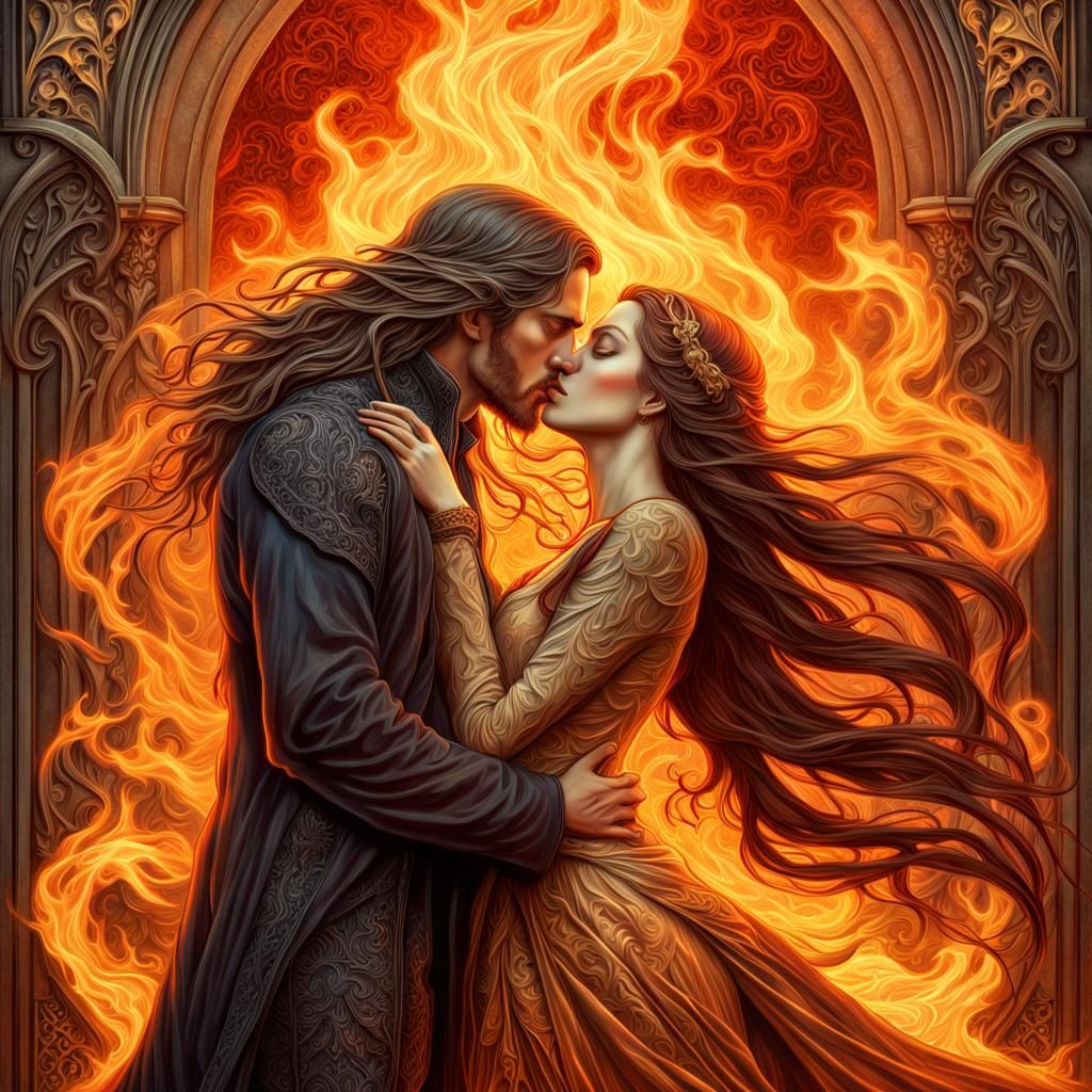 An art nouveau poster of a gothic couple kissing passionately engulfed ...