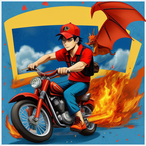 Ash Ketchum Riding A Motorcycle Called The Charizard