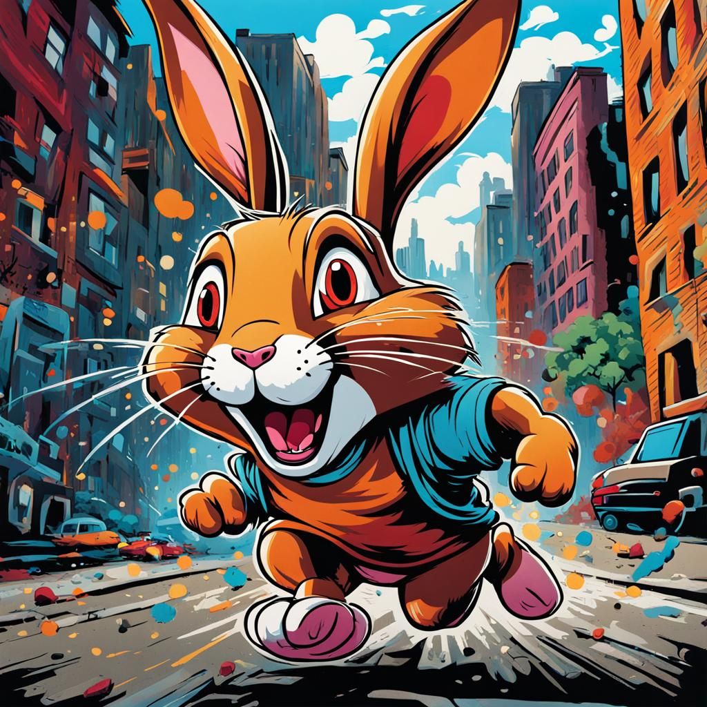 A cartoonish rabbit with a comically exaggerated expression of ...