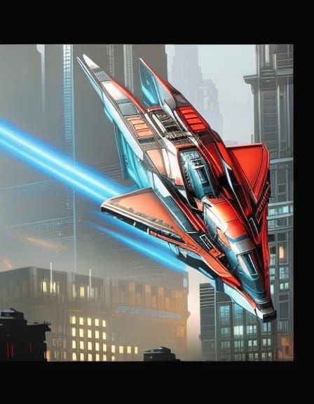 futuristic fighter jet flying through a cyberpunk city background ...
