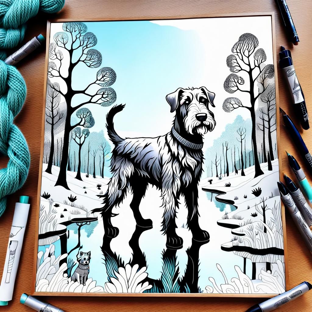 Ink drawing. Funny dog. there is a 3D gigantic mirror, mysterius Scenic ...