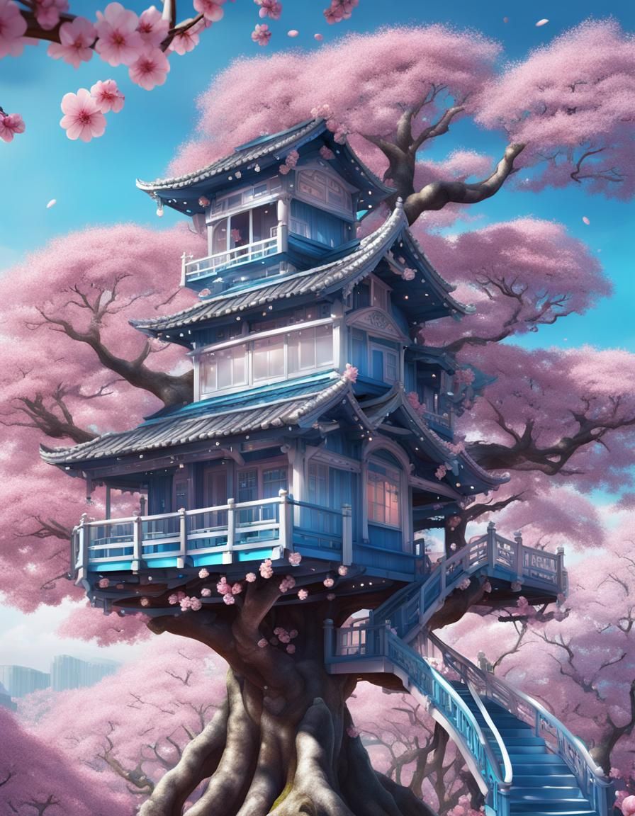 Japanese treehouse in a gigantic pink cherry blossom tree - AI ...