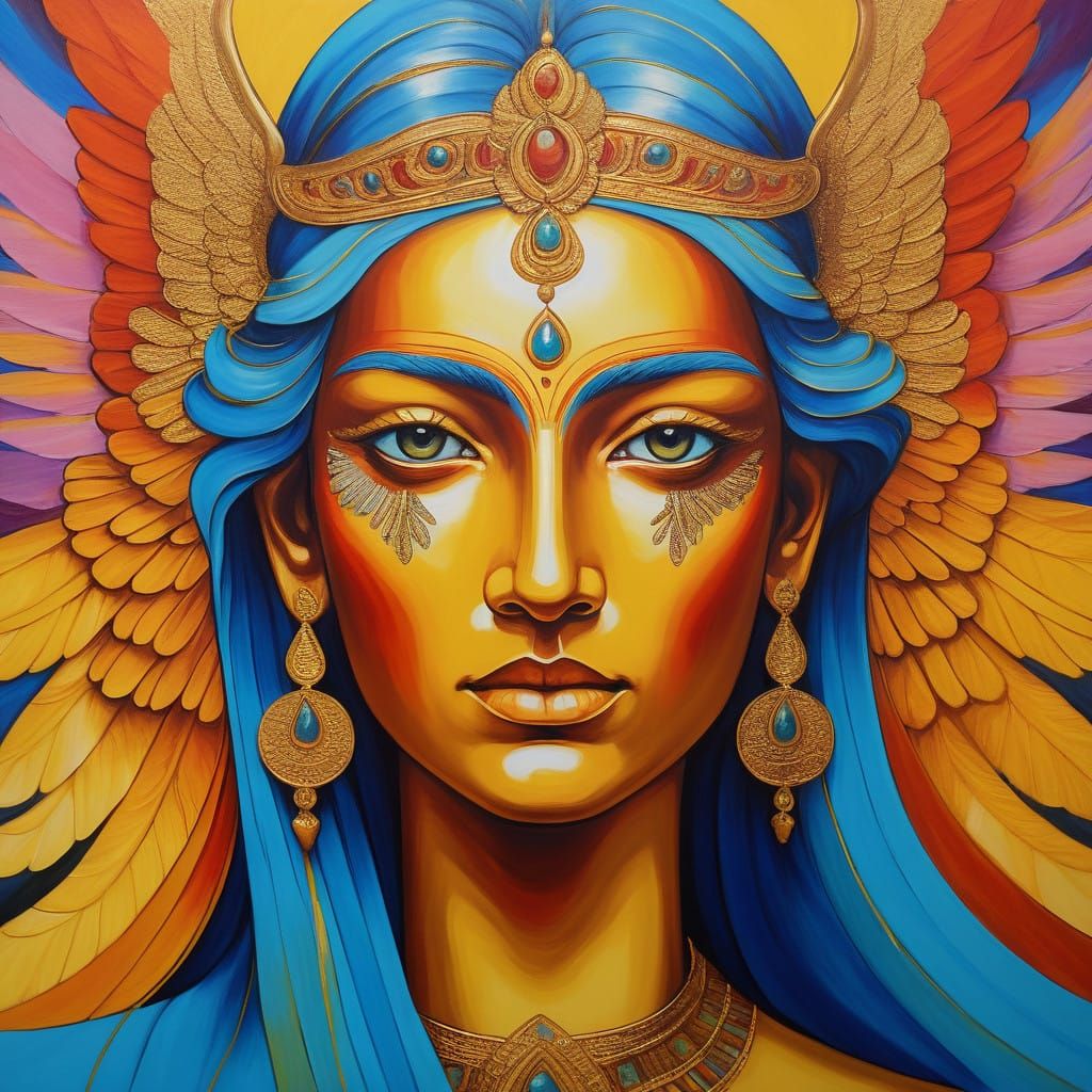 Tempera painting Portrait colourful Flows of Winged Diety with Golden ...