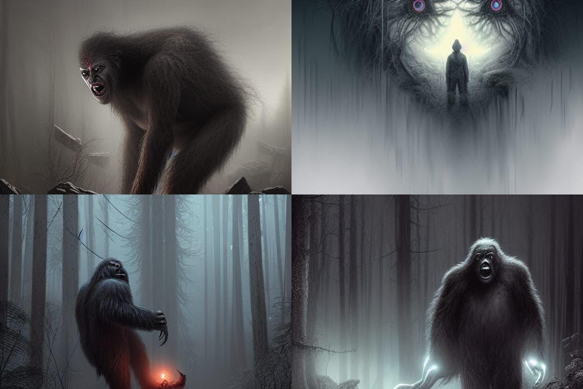 WLOP; horror, sinister, Sasquatch with glowing eyes, Photograph Taken ...