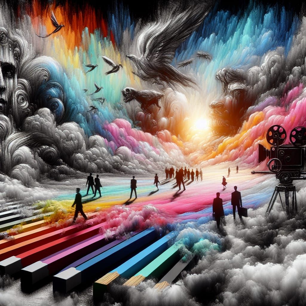 A fantastical scene inspired by a dream or film sequence, blending ...