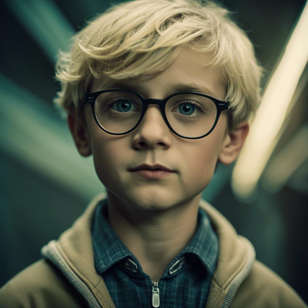 A slim boy of medium height with blond hair, oval face and small grey ...