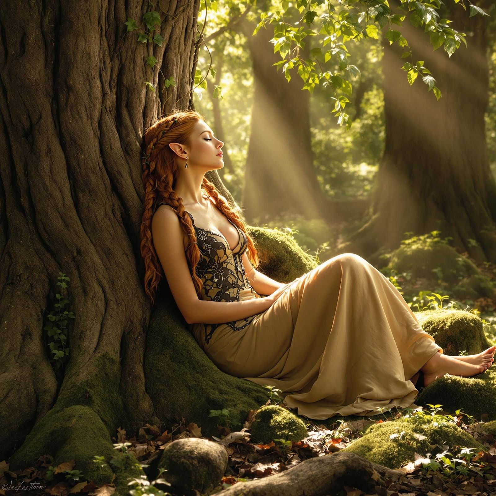 a tranquil elf woman resting against the trunk of an ancient tree in a ...