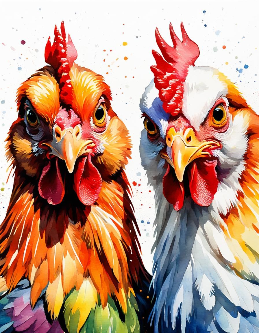 "comic book style, Eric Fan style. Two chickens, big eyes. Standing ...