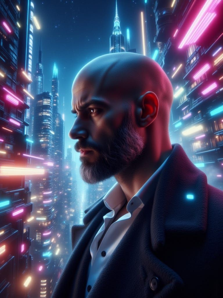 man face profile - Futuristic Bald Man in Dark Fantasy Prof...