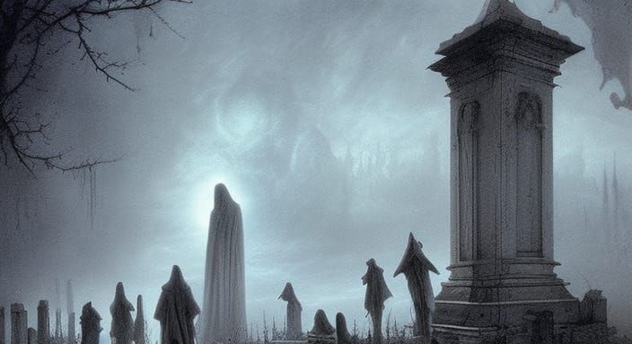Halloween themed art. Light blue ghosts in a cemetery. - AI Generated ...