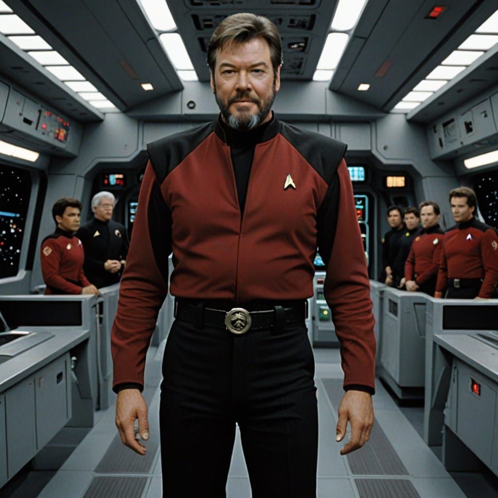 Jonathan Frakes as Commander Will Riker wearing a red top with black ...