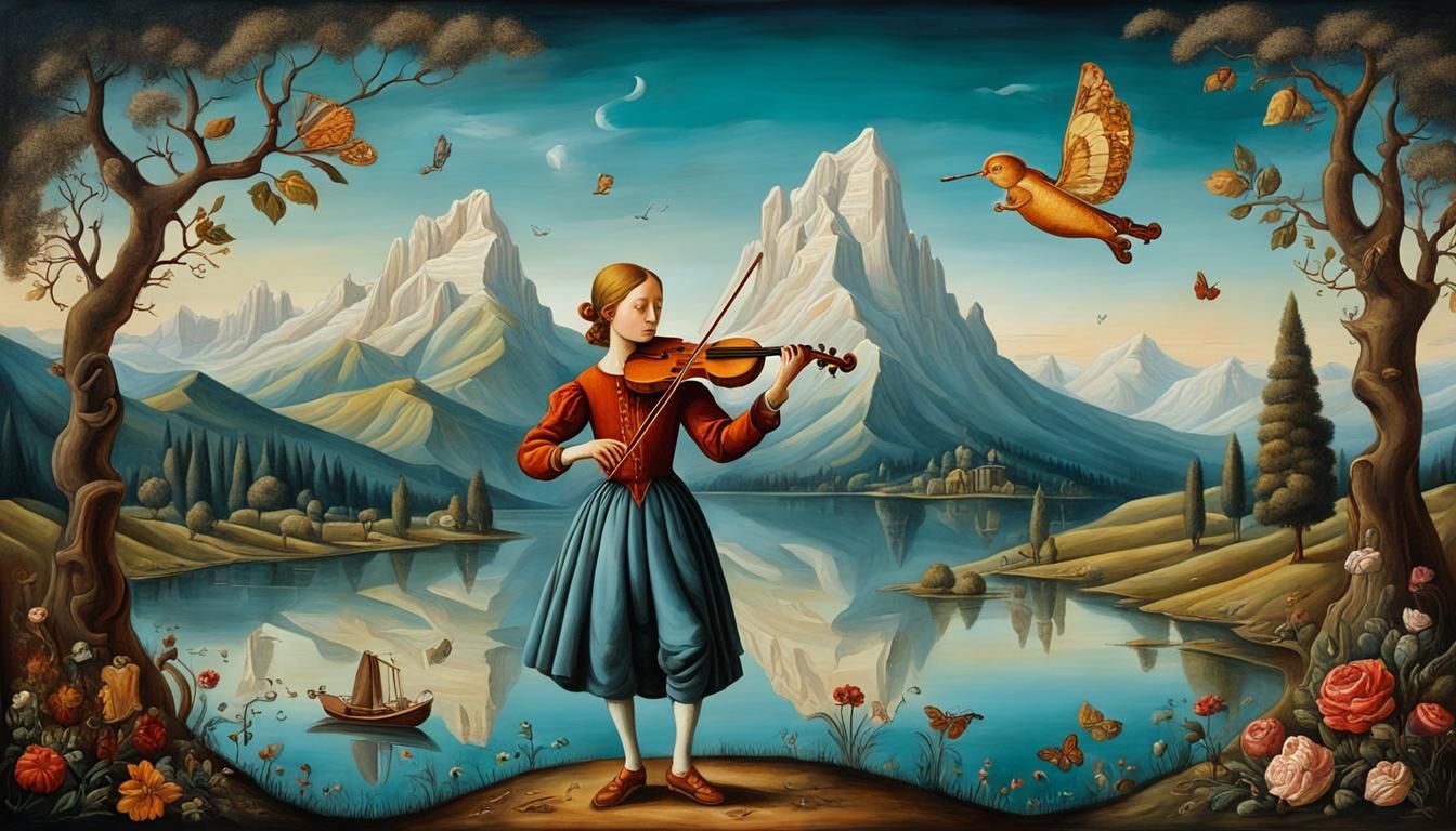 The Whimsical Journey of the Eternal Violin. renaissance painting. in ...