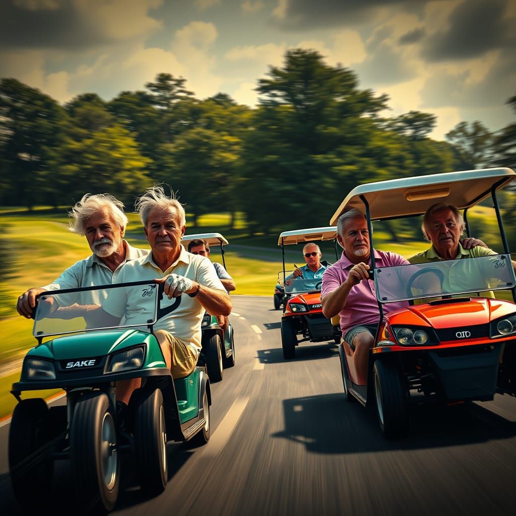 Grey Hairs, High-Speed Thrills: Intense Golf Cart ... - AI Art