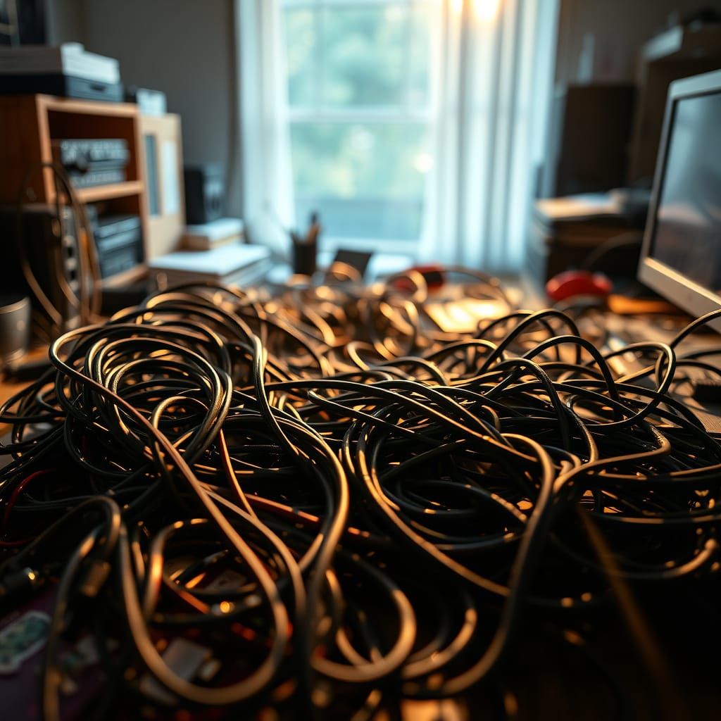 Majestic Computer Cable Tangle in Warm Light - AI Art