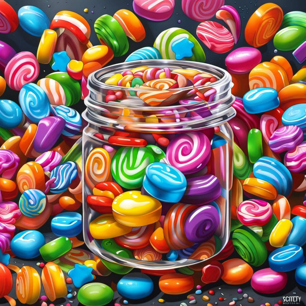 candy shop, glass jars filled with colorful candy, graffiti art, splash ...