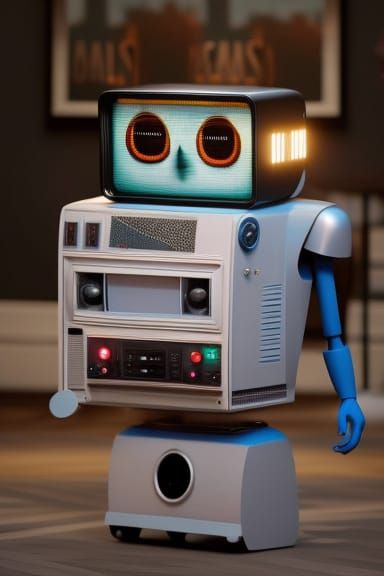 Excited standing bot with a pixelated CRT TV face smiling, by mark ...