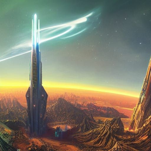 SPACE alien tower - Surreal Cosmic Tower Amidst Starry Skies