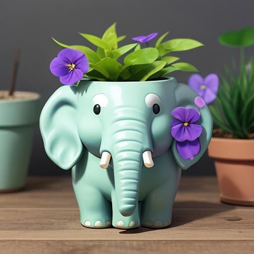 **cute elephant plant pot with violets - AI Generated Artwork ...