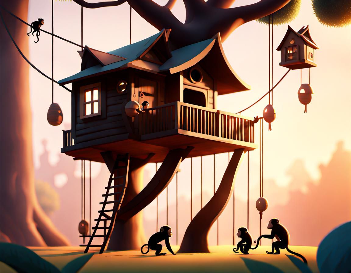 A tree house, monkeys playing beside it. - AI Generated Artwork ...