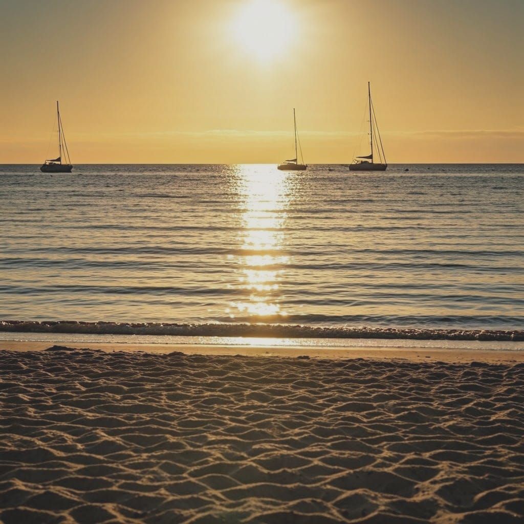 Sunset - Surreal Sunset Beach Scene with Sailboats in the Ba...