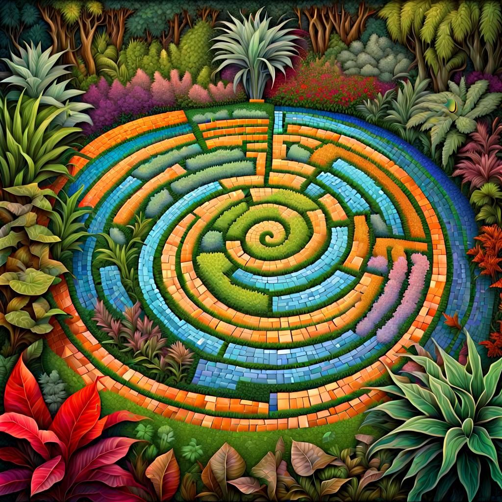 a mosaic labyrinth made up of aesthetically beautiful plants, surreal ...